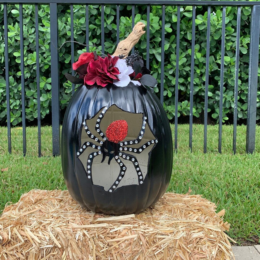 Hand Carved Spider on 13in Foam Pumpkin Painted Gloss Black - Etsy