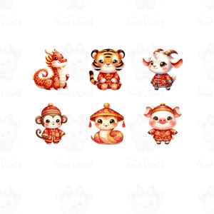 Cute Chinese Zodiac Animals Watercolor Clipart, Chinese Animal Calendar ...