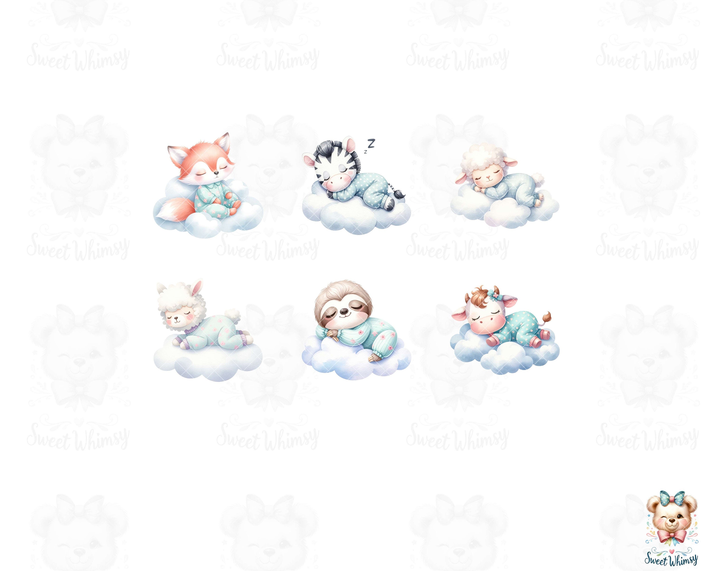 Cute Animals in Pajamas Sleeping on Clouds Watercolor Clipart for Baby ...