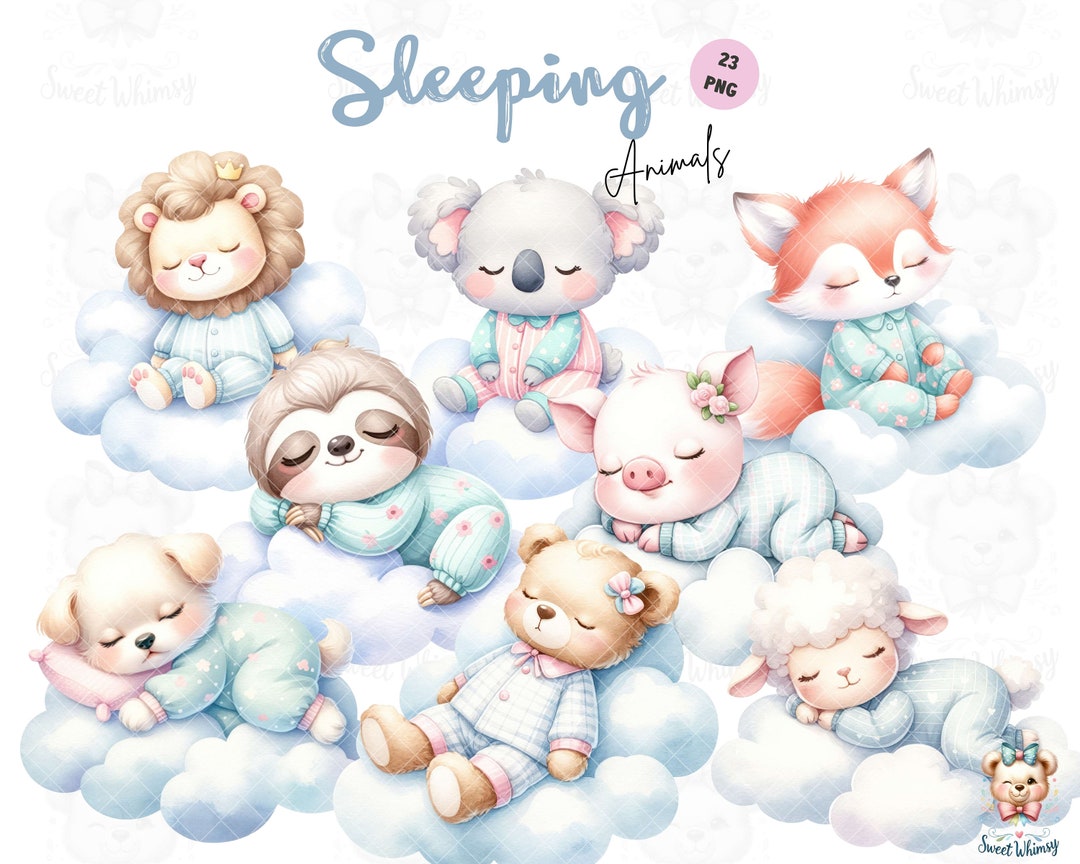 Cute Animals in Pajamas Sleeping on Clouds Watercolor Clipart for Baby ...