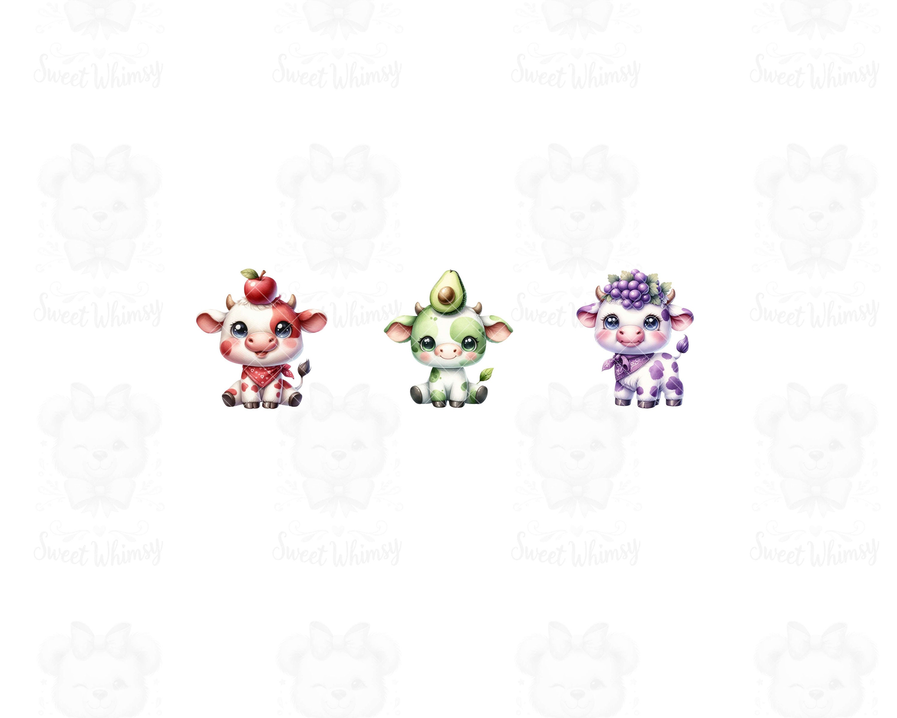 Cute Fruit Cows Watercolor Clipart, Kawaii Cows PNG, Strawberry ...