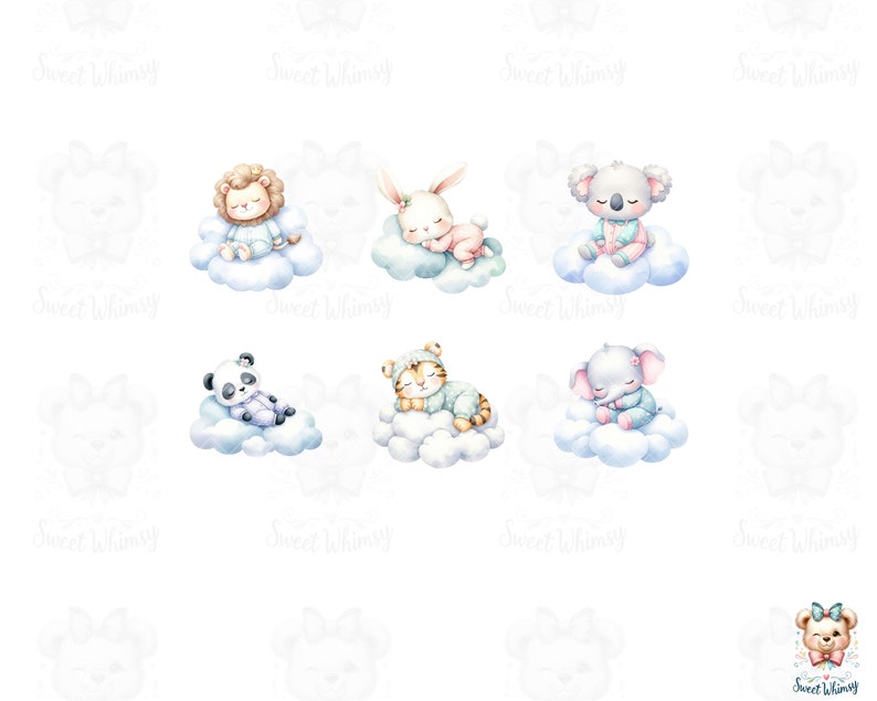 Cute Animals in Pajamas Sleeping on Clouds Watercolor Clipart for Baby ...