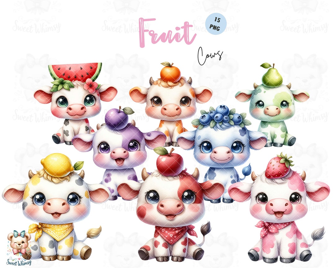 Cute Fruit Cows Watercolor Clipart, Kawaii Cows PNG, Strawberry ...