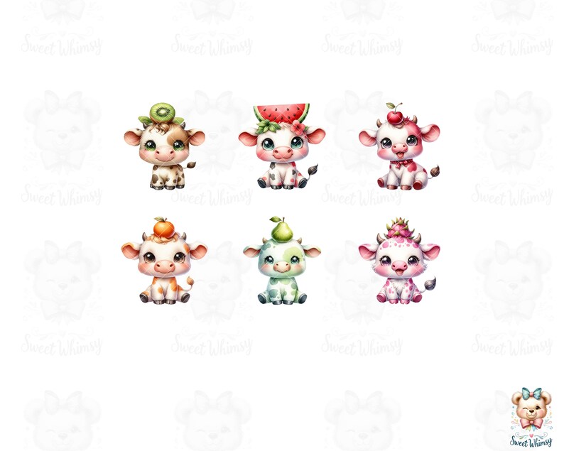 Cute Fruit Cows Watercolor Clipart, Kawaii Cows PNG, Strawberry ...