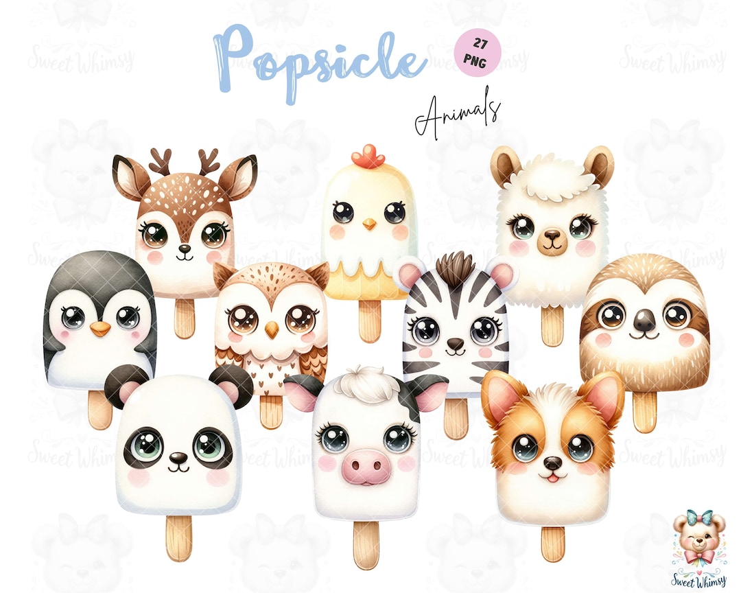 Cute Popsicle Stick Animals Watercolor Clipart, Summer Ice Cream Animal ...