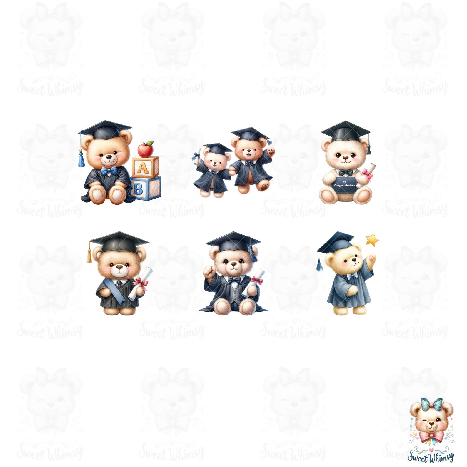 Cute Graduation Bear Watercolor Clipart, Preschool, School, University ...