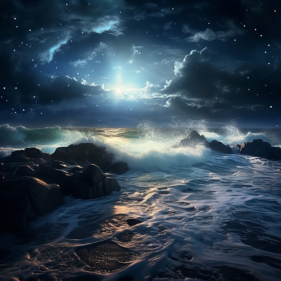 MIDNIGHT WAVES 4 Ai, Digital Art, Photos, Home Decor, Picture, Ocean, Waves, Blue Sea, - Etsy