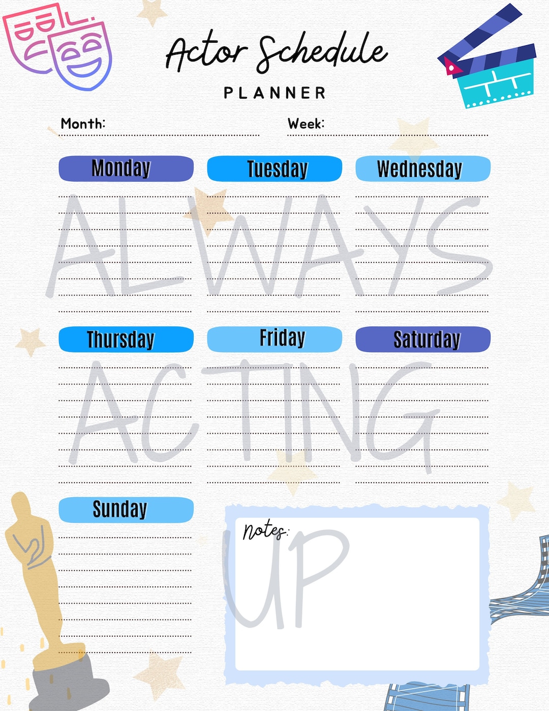 Weekly Schedule for Actors - Etsy