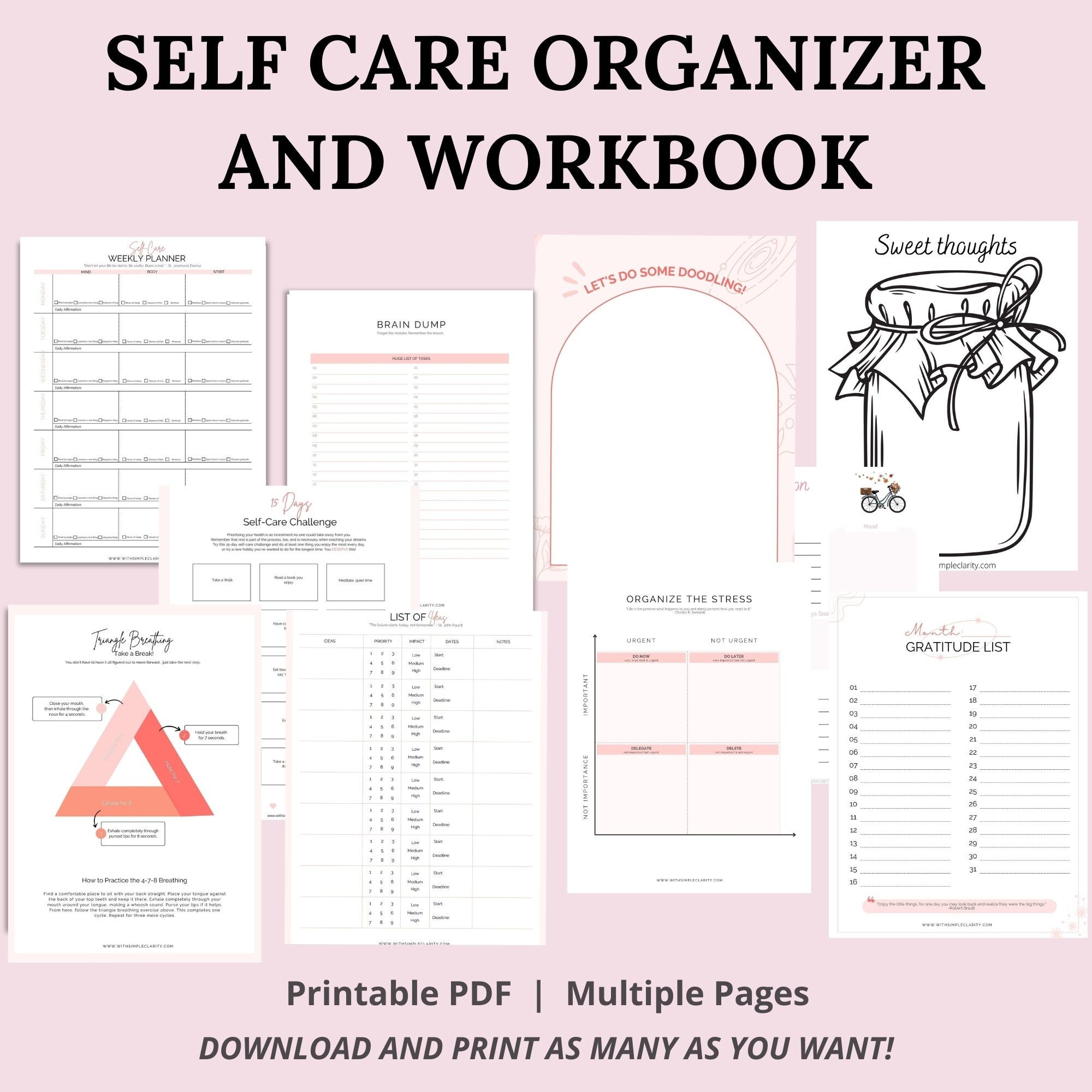 Stress Management Printable, Self Care Workbook, Brain Dump Exercises ...