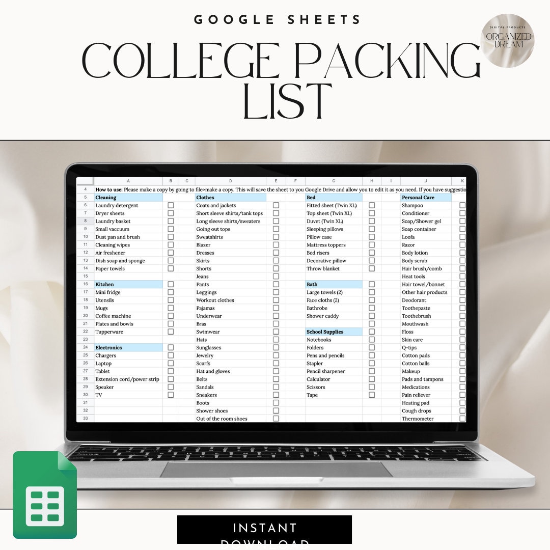 College Packing List - Google Sheets Download - Etsy