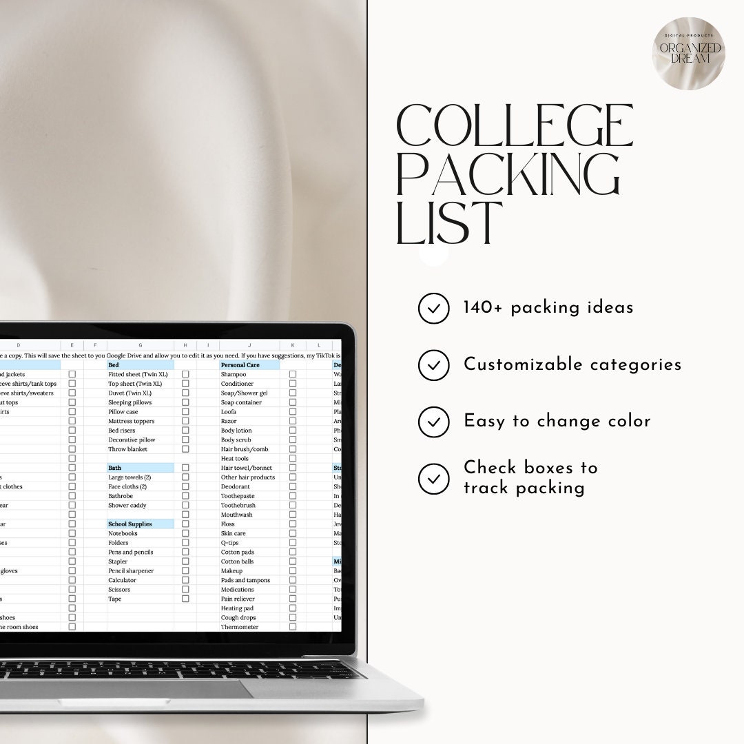 College Packing List - Google Sheets Download - Etsy