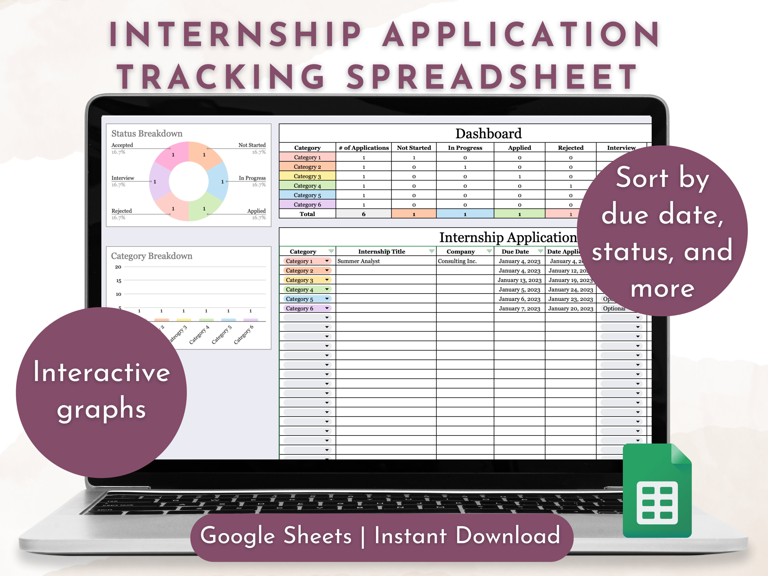 Internship Application Tracker Google Sheets Template for College ... Internship Application Tracker Google Sheets Template for College ...