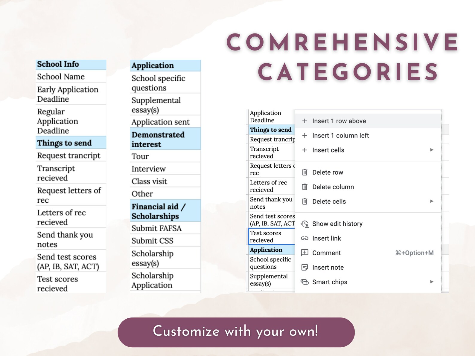 College Application Tracker - Google Sheets Download - Etsy