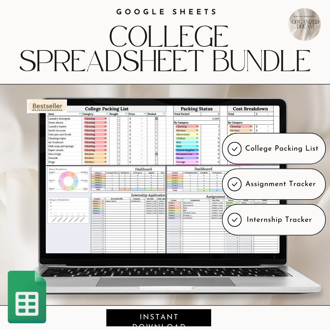 College Back to School Spreadsheet Bundle | Packing List, Assignment ...