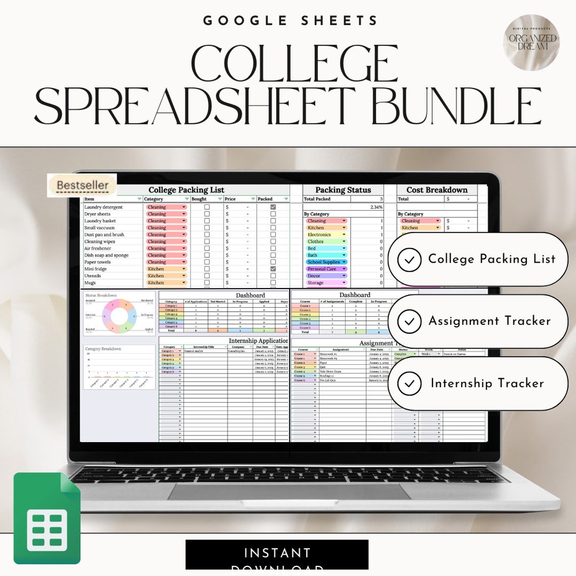 College Back to School Spreadsheet Bundle | Packing List, Assignment ...