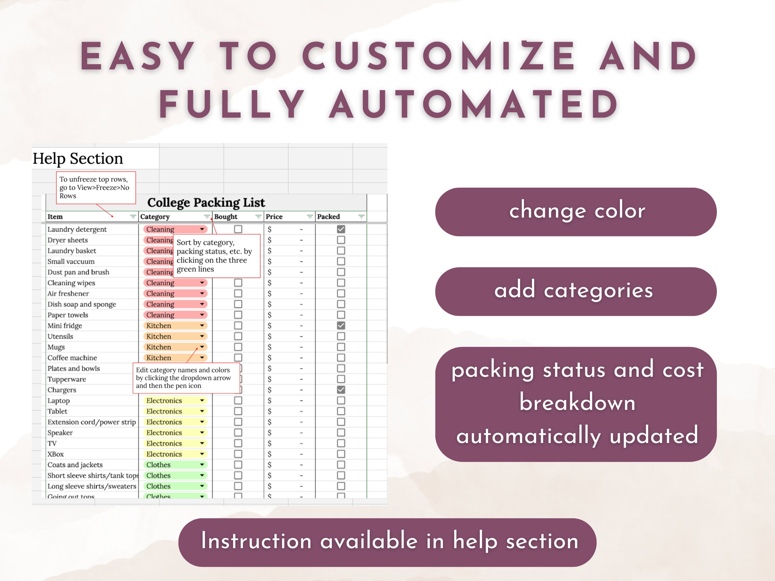 College Packing List - Google Sheets Download - Etsy
