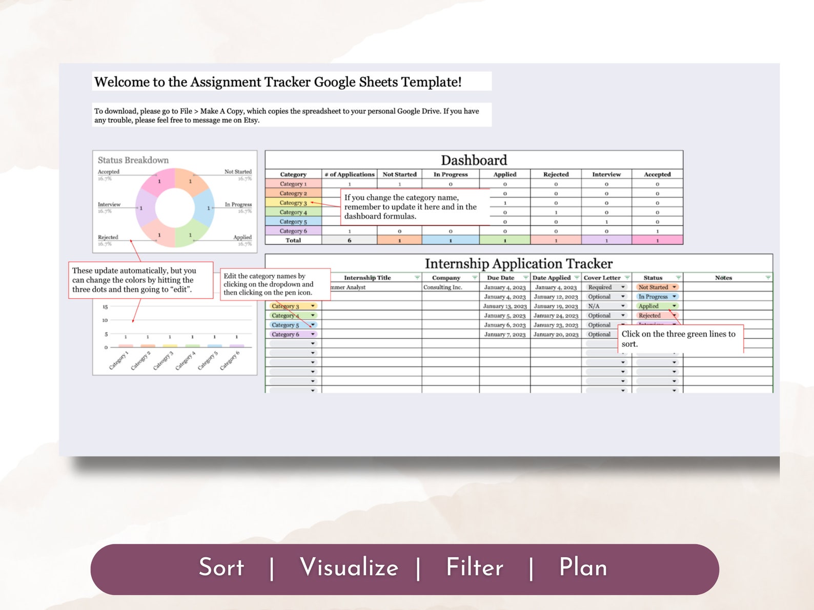 Internship Application Tracker Google Sheets Template - for College ...
