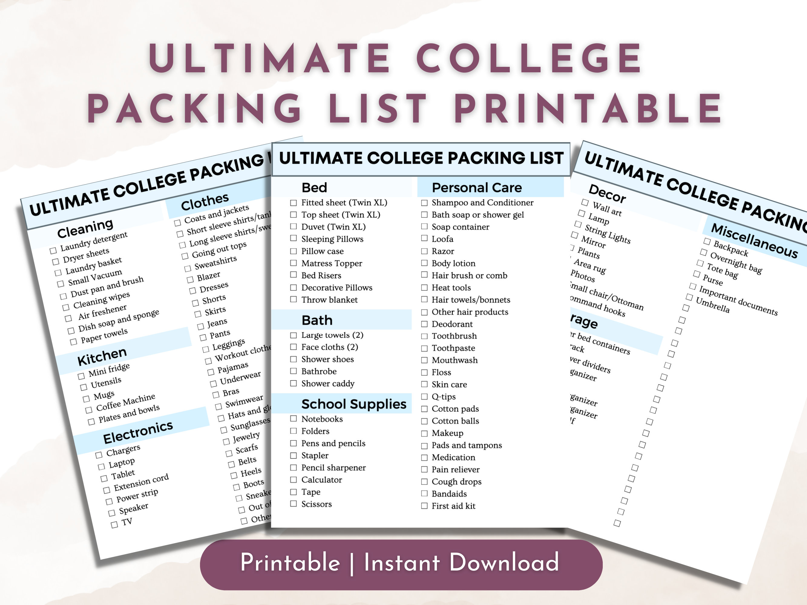 College Packing List Printable - Digital Download - Etsy