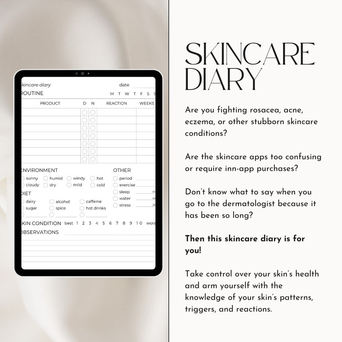 Skincare Diary Digital Download Rosacea, Acne, Eczema Skincare Journal ...