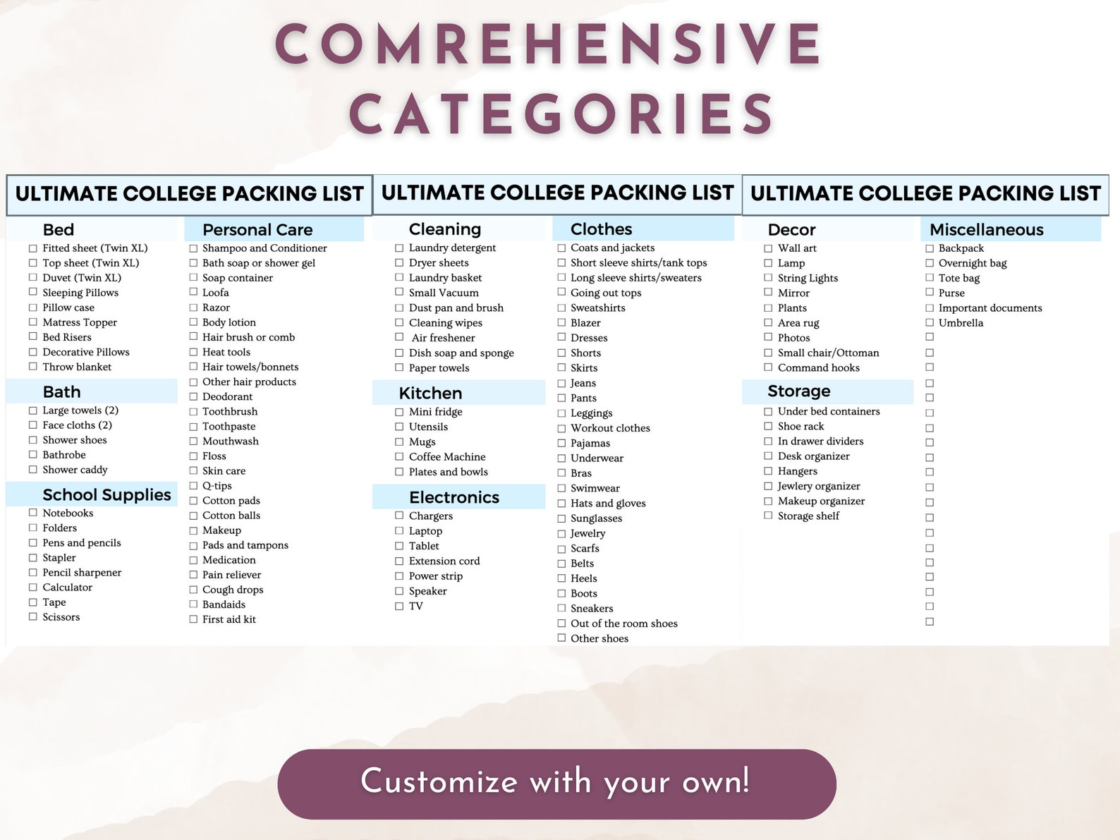 College Packing List Printable - Digital Download - Etsy