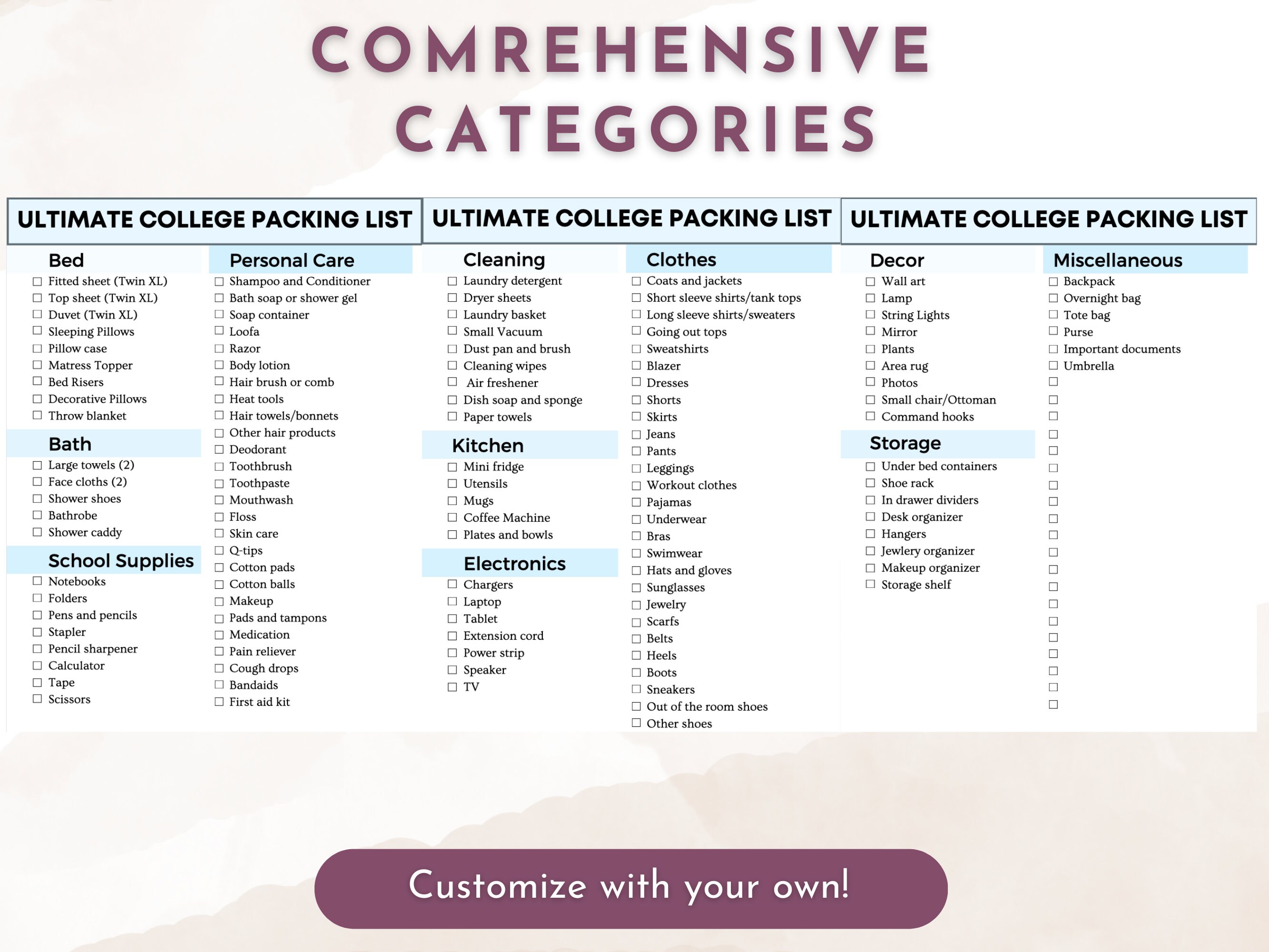 College Packing List Printable - Digital Download - Etsy