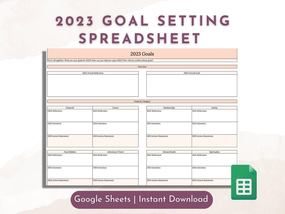 2023 Yearly Goal Setting Worksheet Workbook Spreadsheet Google Sheets ...