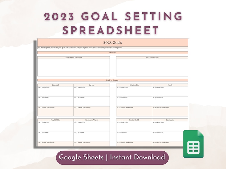 2023 Yearly Goal Setting Worksheet Workbook Spreadsheet Google Sheets - Etsy