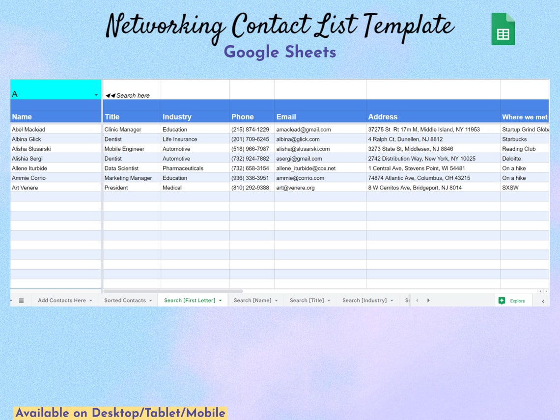Networking Contact List Template, Google Sheets, Jobs Spreadsheet ...