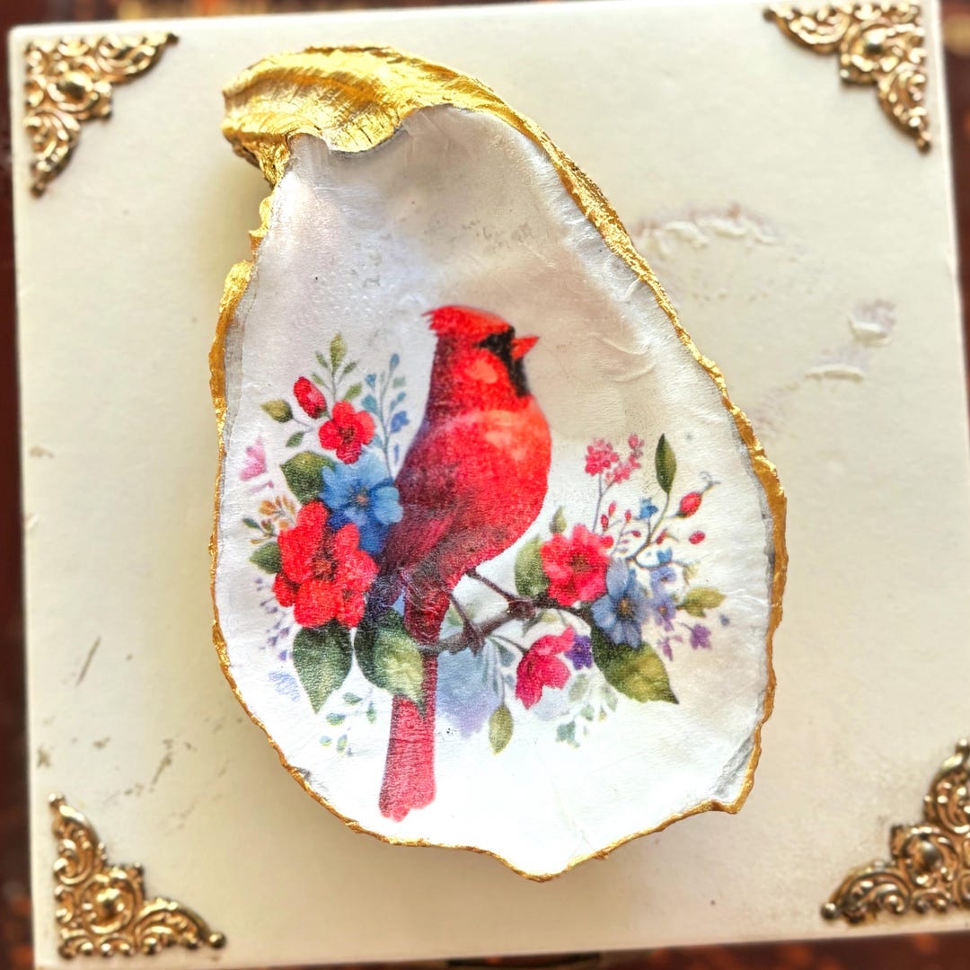 Handcrafted Cardinal Oyster Shell Trinket Dish: Cardinal Bird Decor - Etsy