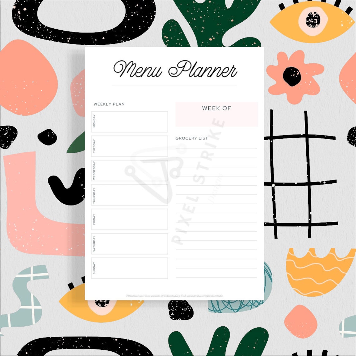 Weekly Meal Planner & Grocery List Printable PDF Digital - Etsy