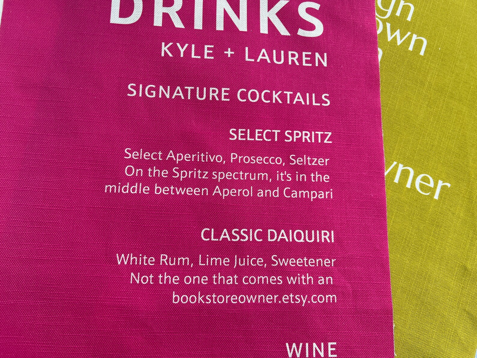 Open Bar Linen Sign, Linen Fabric Bar Menu, Colorful Signature Cocktail ...