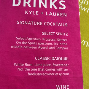 Open Bar Linen Sign, Linen Fabric Bar Menu, Colorful Signature Cocktail ...