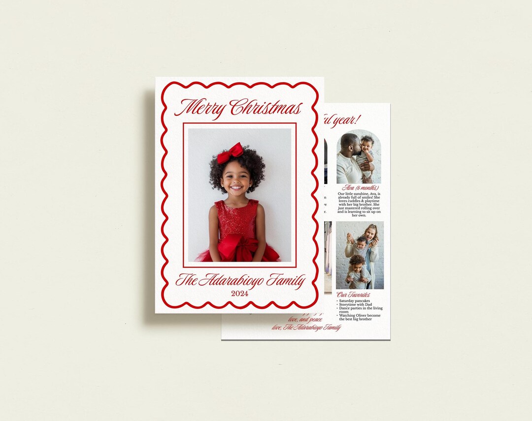 Wavy Joy Red Holiday Photo Card Template With Family Yearly Review ...