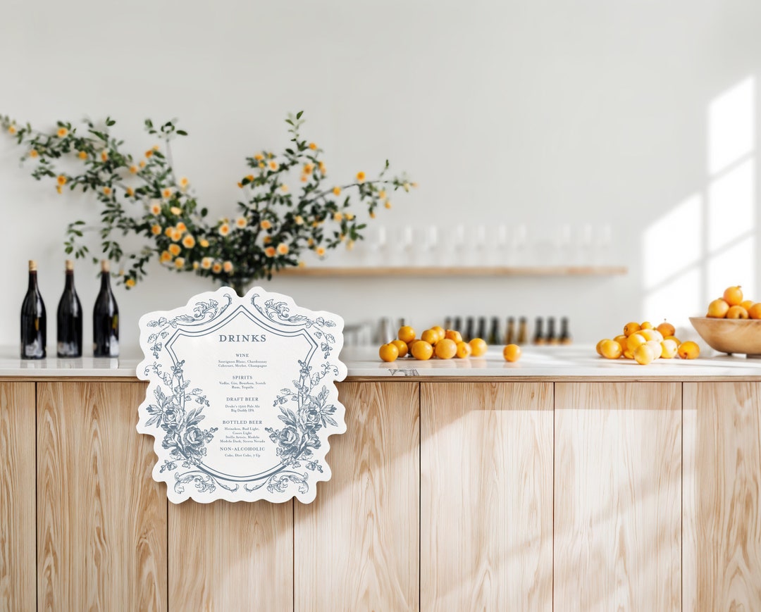 Vintage Floral Wedding Bar Menu, Victorian Wedding Crest Classic Bar ...