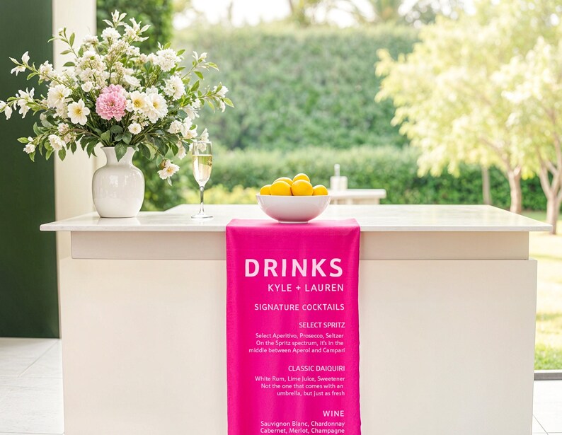 Pink Open Bar Linen Sign, Fabric Bar Menu, Colorful Signature Cocktail ...