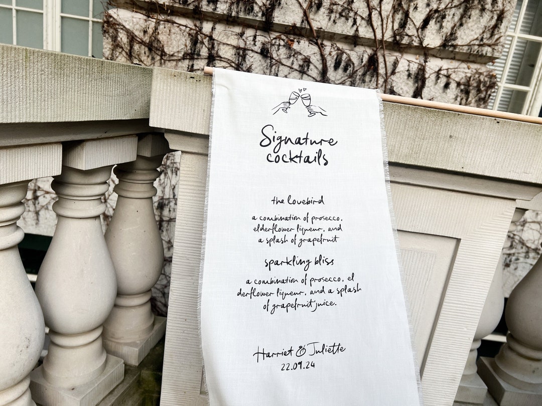 Whimsical Wedding Cheers Linen Bar Sign, Quirky Open Bar Linen Sign ...