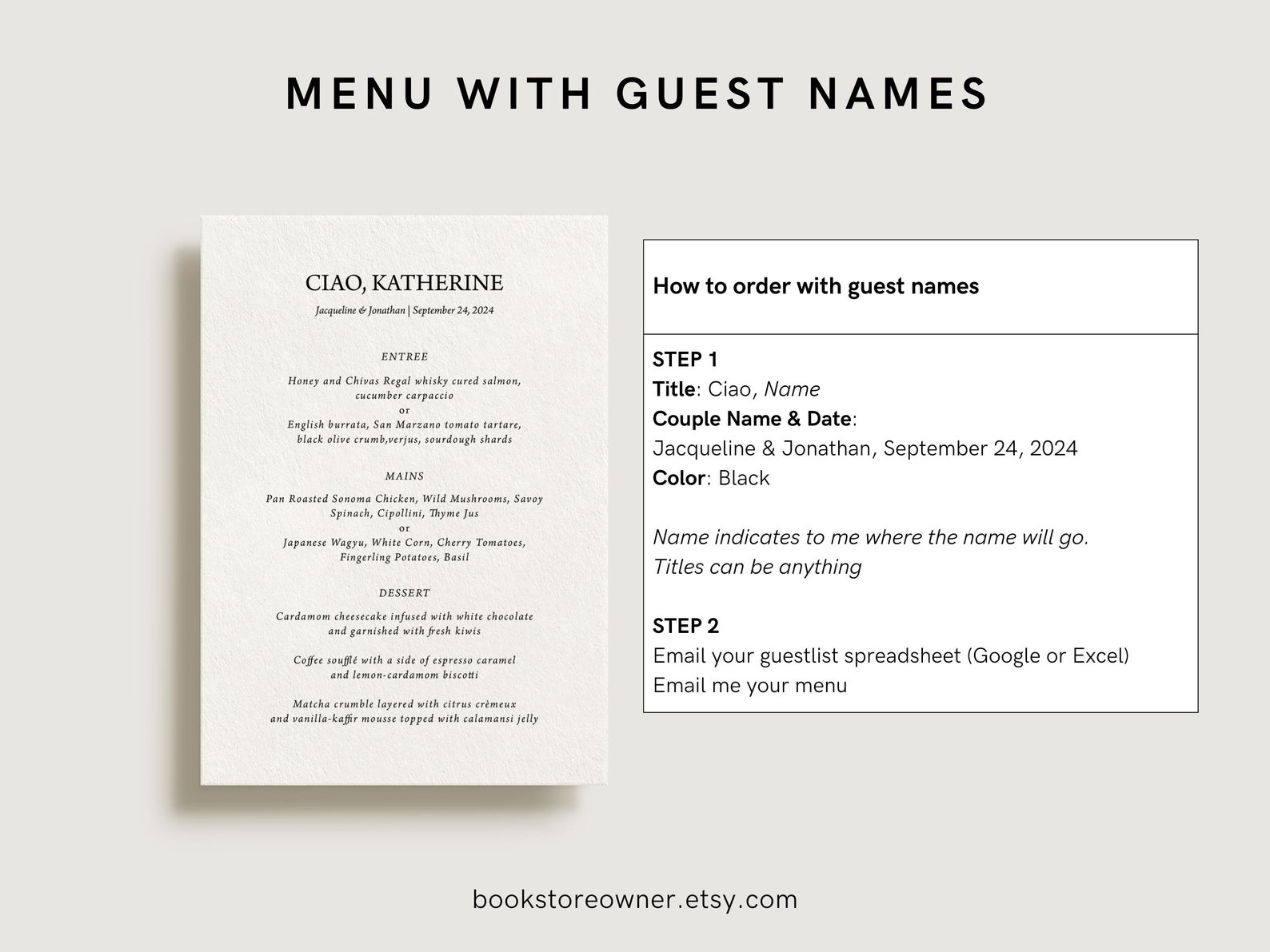 Whimsical Wedding Oval Shaped Menu Cards With Guest Names | Custom ...