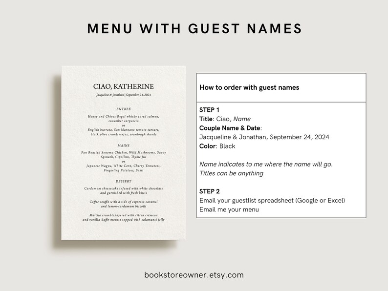 Whimsical Wedding Oval Shaped Menu Cards With Guest Names | Custom ...
