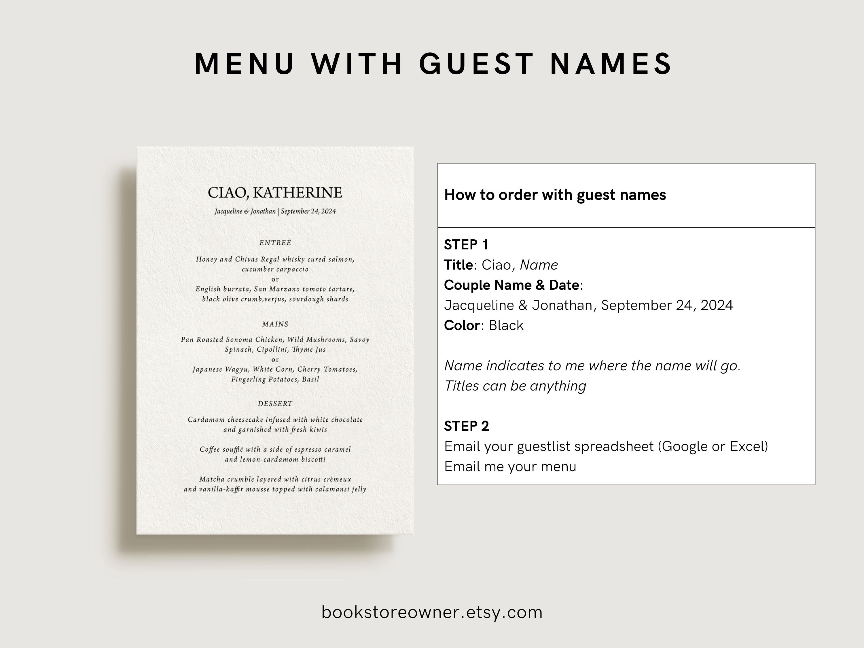 Whimsical Wedding Oval Shaped Menu Cards With Guest Names | Custom ...