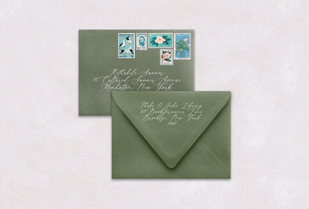 Olive Green A7 Envelopes With White Ink Addressing, Calligraphy Script ...