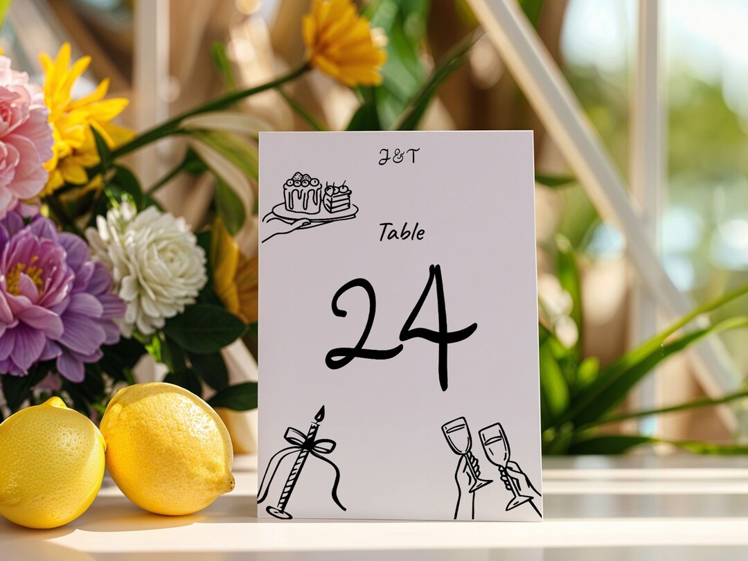Illustrated Table Number Sign Template, Quirky Wedding Table Number ...