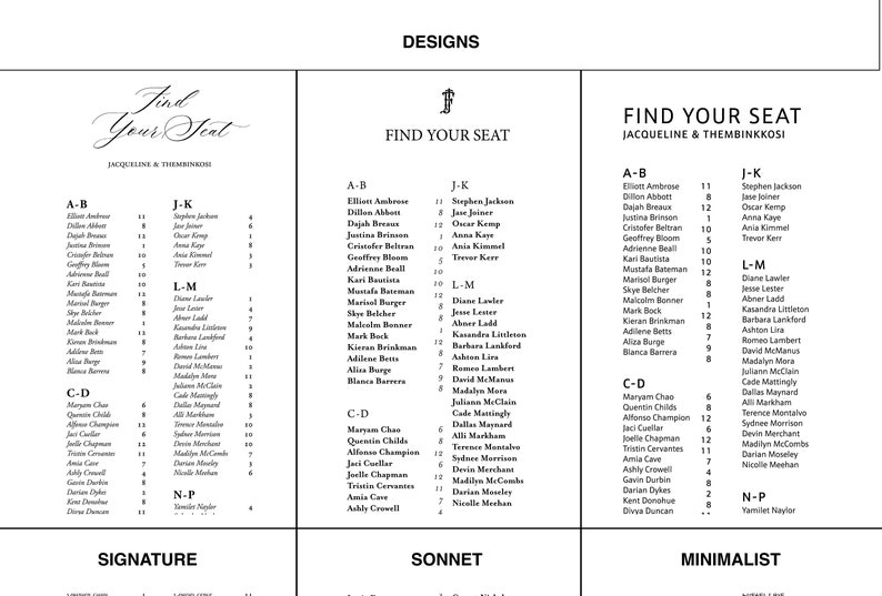 Linen Seating Chart | Find Your Seat Fabric Seating Chart, Alphabetical ...