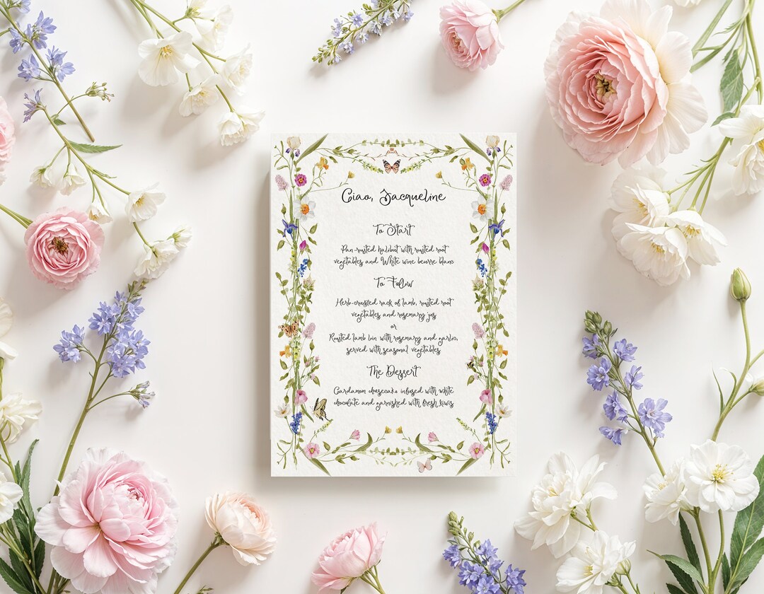 Watercolor Wildflower Whimsical Wedding Menu, Personalized Rehearsal Dinner Menu, Botanical ...