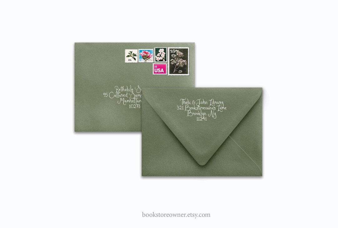 5x7 Olive Green Printed Envelopes, White Ink Whimsical Wedding ...