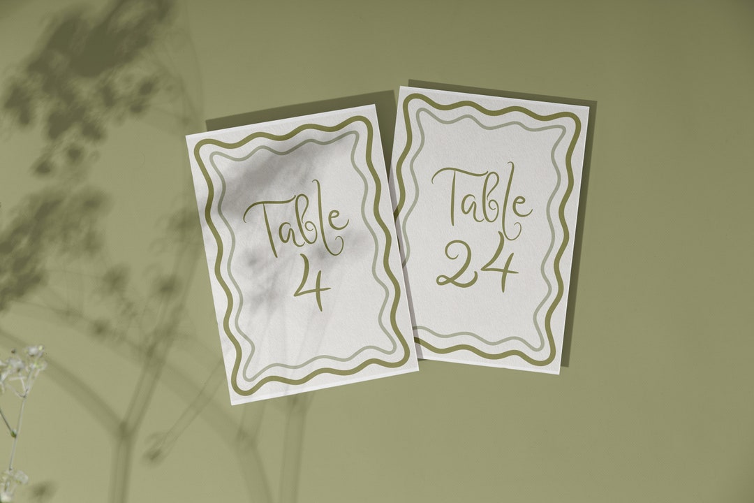 Green Wavy Table Number Cards Double-sided 5 X 7 Handdrawn Wedding ...