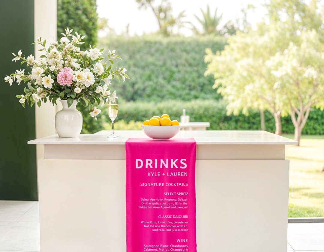 Open Bar Linen Sign, Linen Fabric Bar Menu, Colorful Signature Cocktail ...