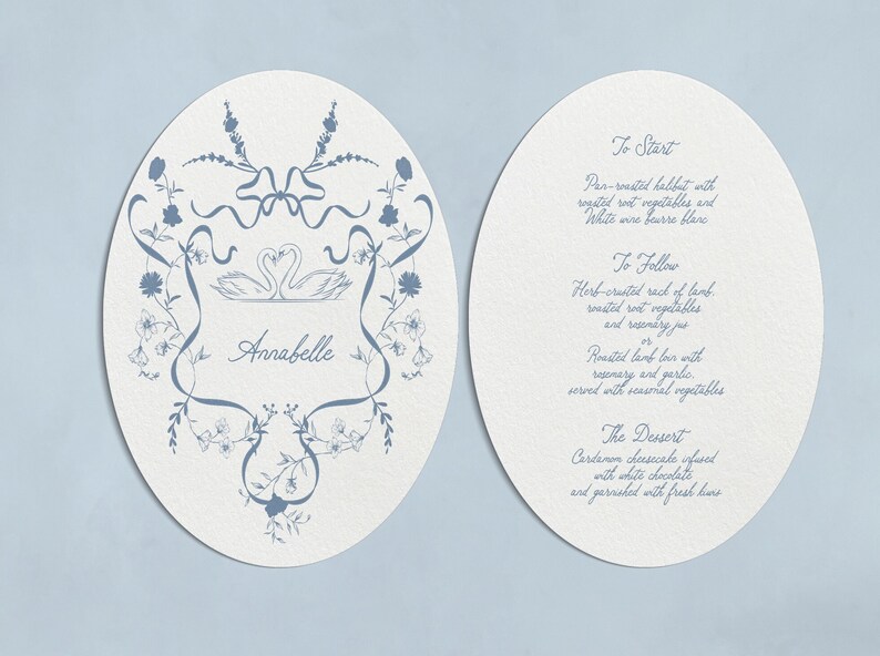 Whimsical Wedding Oval Menu Cards With Guest Names Handdrawn Quirky 5x7 ...