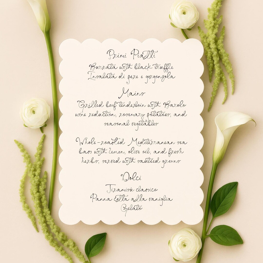 Scallop Calligraphy Wedding Reception Dinner Menus | Wedding Menu Cards ...