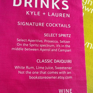 Open Bar Linen Sign, Linen Fabric Bar Menu, Colorful Signature Cocktail ...
