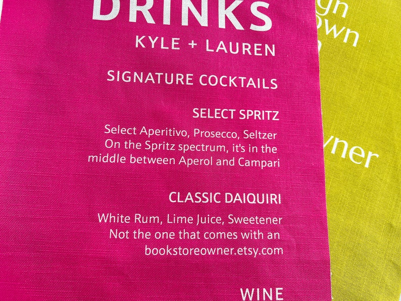 Open Bar Linen Sign, Linen Fabric Bar Menu, Colorful Signature Cocktail ...